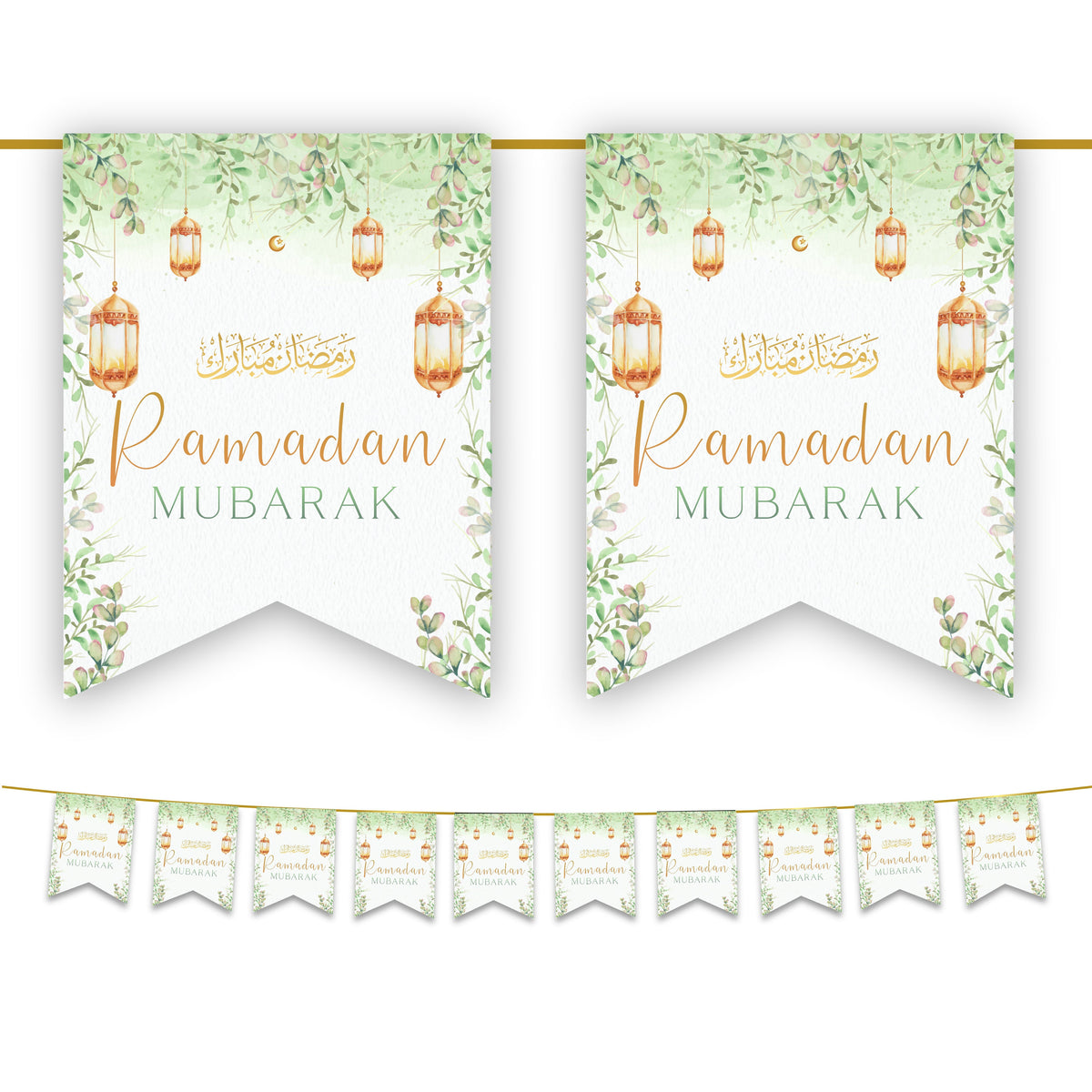 Ramadan Mubarak Bunting - Green Floral Lanterns Flags Decoration ...