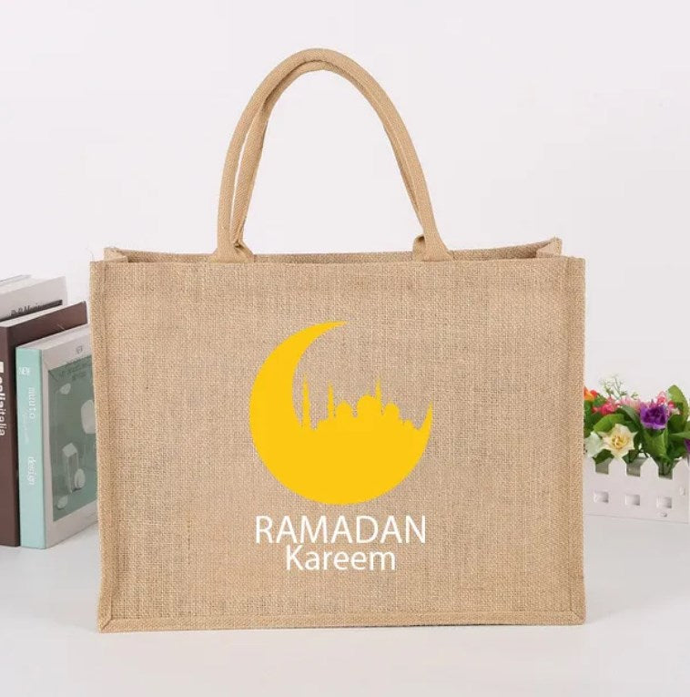 Natural Jute Ramadan Kareem Tote Bag with Yellow Crescent Design ...
