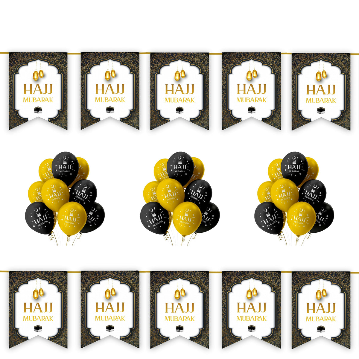 Hajj Mubarak 20 pc Decoration Set - Black & Gold Hanging Lanterns ...