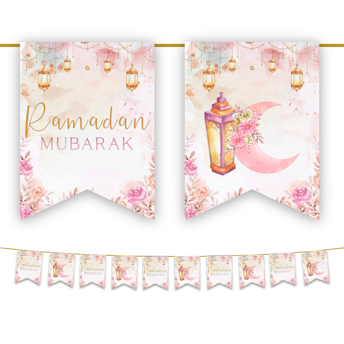 Ramadan Mubarak Bunting - Pink Floral Lanterns Flags Decoration ...